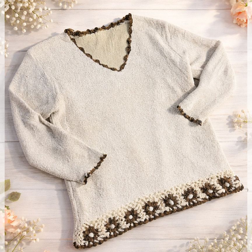 Свитер женский букле молочный с кружевной отделкой